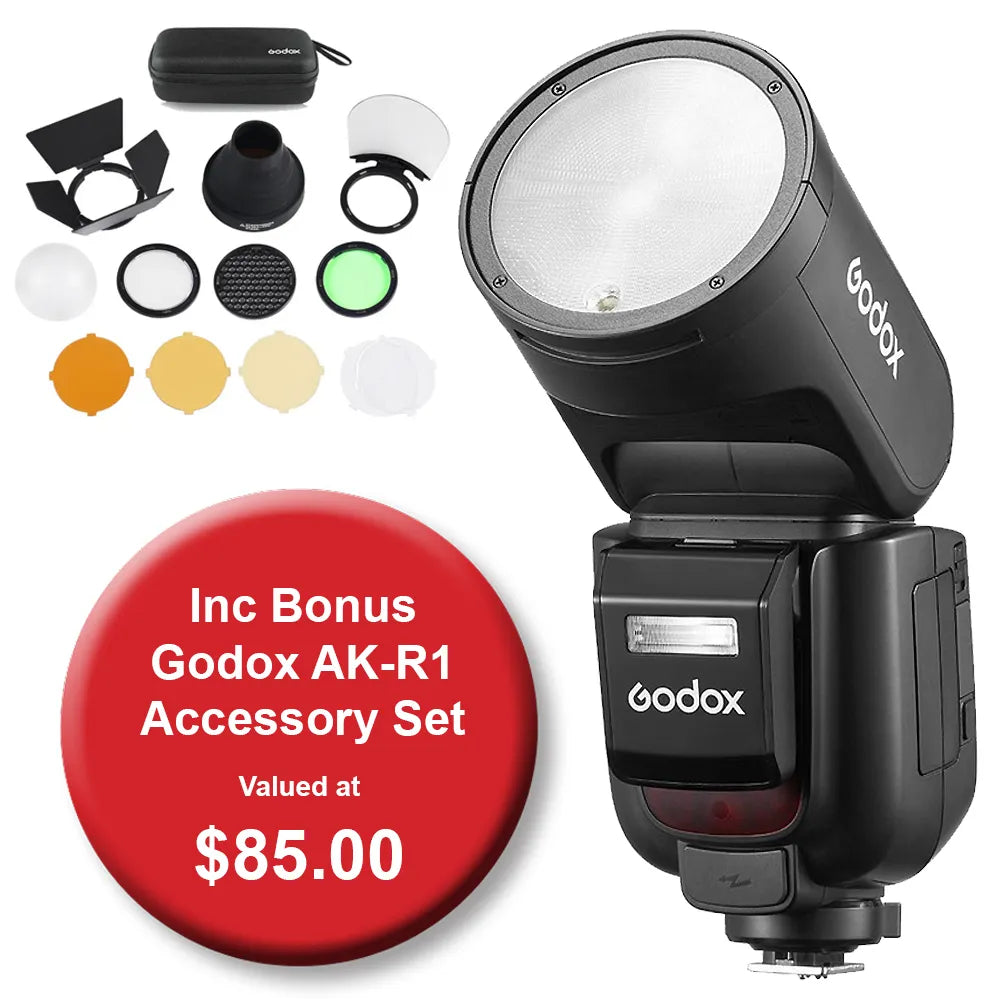 Godox V1 Pro Olympus Round Head TTL Flash + AK-R1 – Camera Electronic